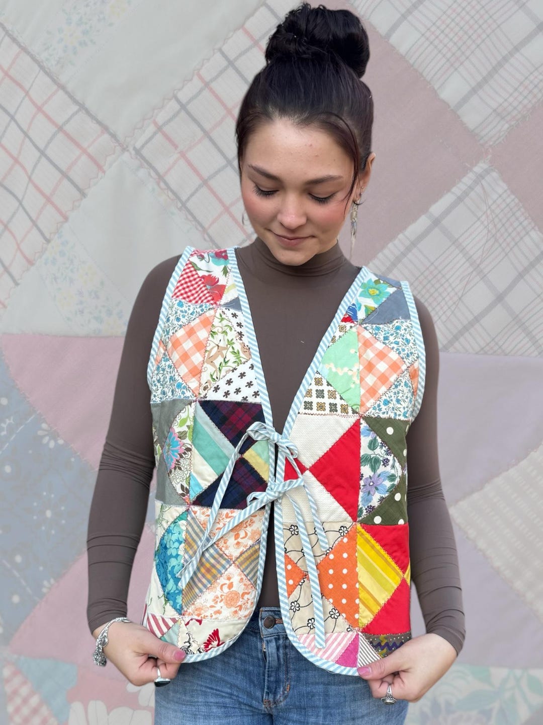 Patchwork Vest With Front Tie Closure Made From a Vintage Hand Stitched ...