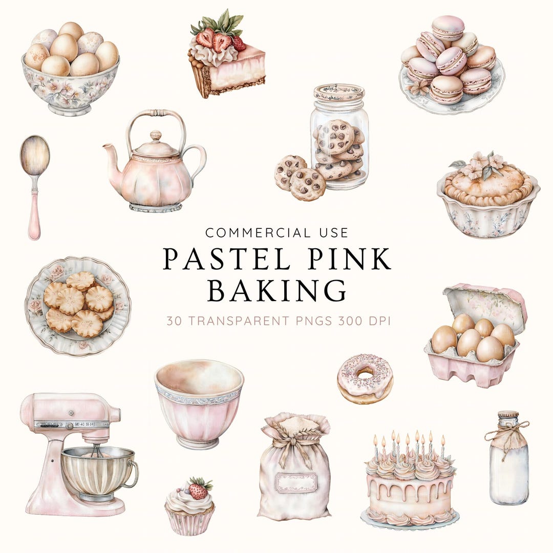 Pastel Pink Baking Clipart, 30 Baking Pngs, Cute Kitchen Clipart ...