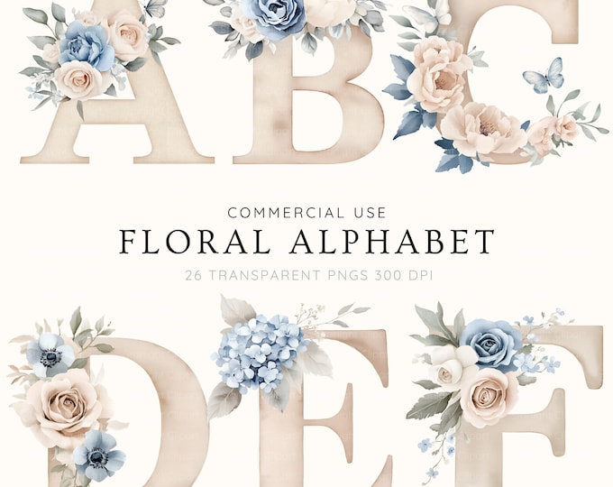 Floral Alphabet Clipart Bundle - 26 Letters PNG - Dusty Blue, Blush ...