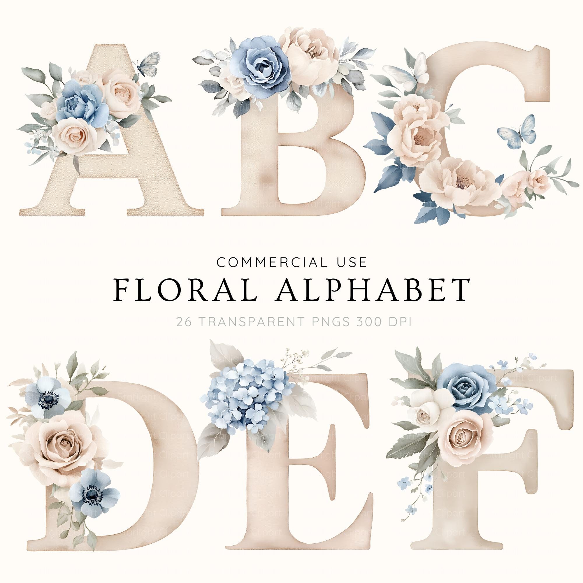 Floral Alphabet Clipart Bundle - 26 Letters PNG - Dusty Blue, Blush ...
