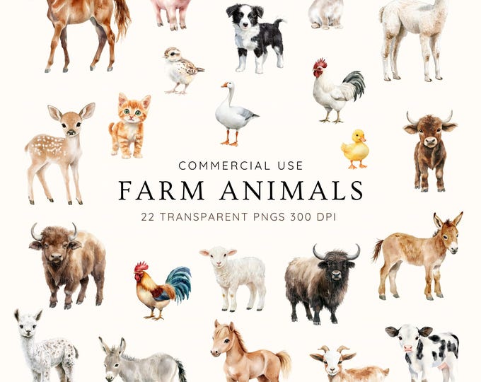 Farm Animal Clipart Bundle, 22 Cute Barnyard Animals, Rustic Farmhouse ...