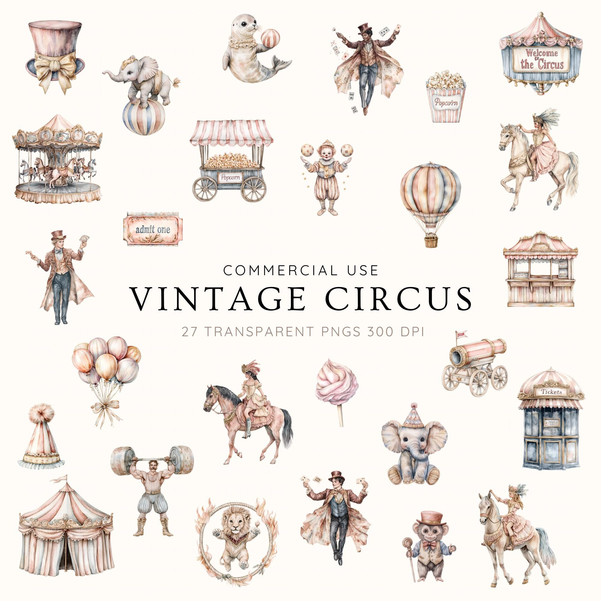 Vintage Circus Clipart, Carnival PNG Bundle, Full Commercial Use, Retro ...