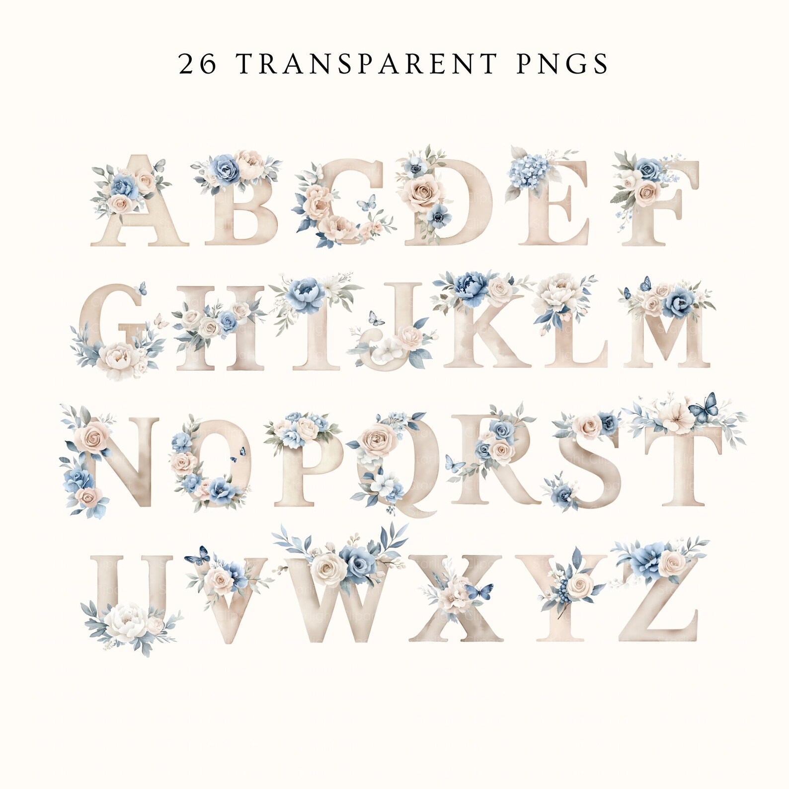 Floral Alphabet Clipart Bundle - 26 Letters PNG - Dusty Blue, Blush ...