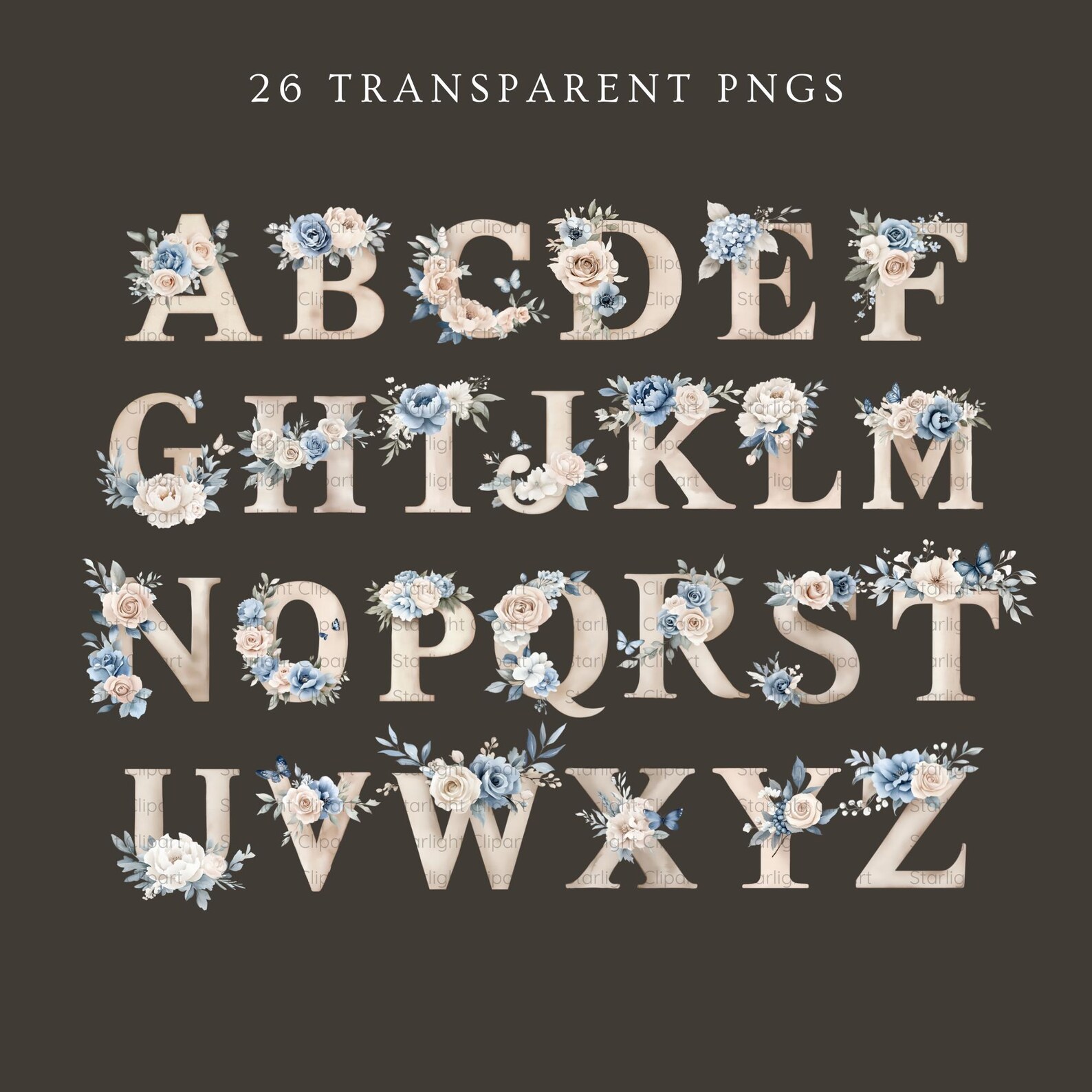Floral Alphabet Clipart Bundle - 26 Letters PNG - Dusty Blue, Blush ...