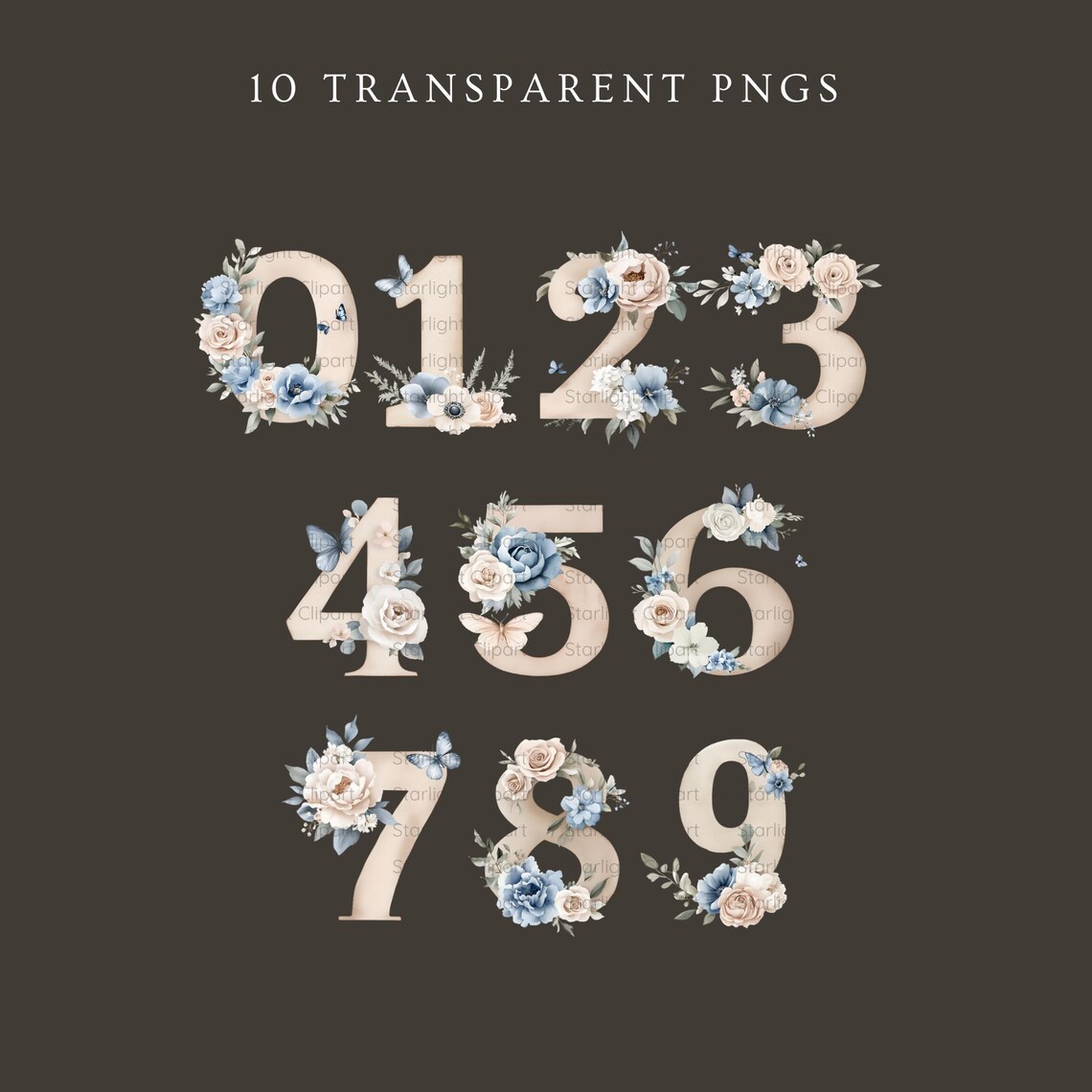 Floral Numbers Clipart 0 to 9 Pastel Number Pngs, Blush Pink, Dusty ...