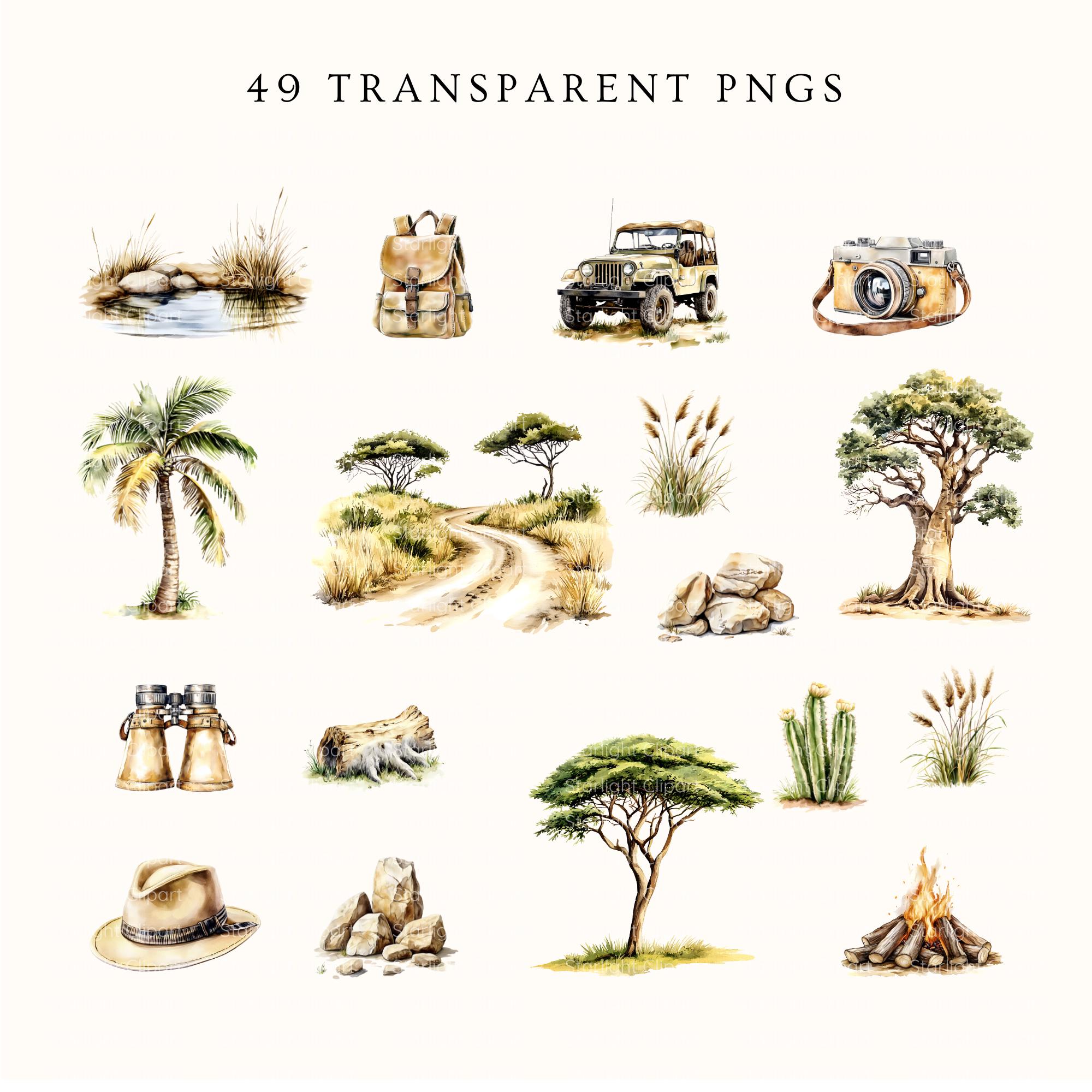 Safari Clipart Bundle, African Animals, Adventure Gear, Landscapes ...