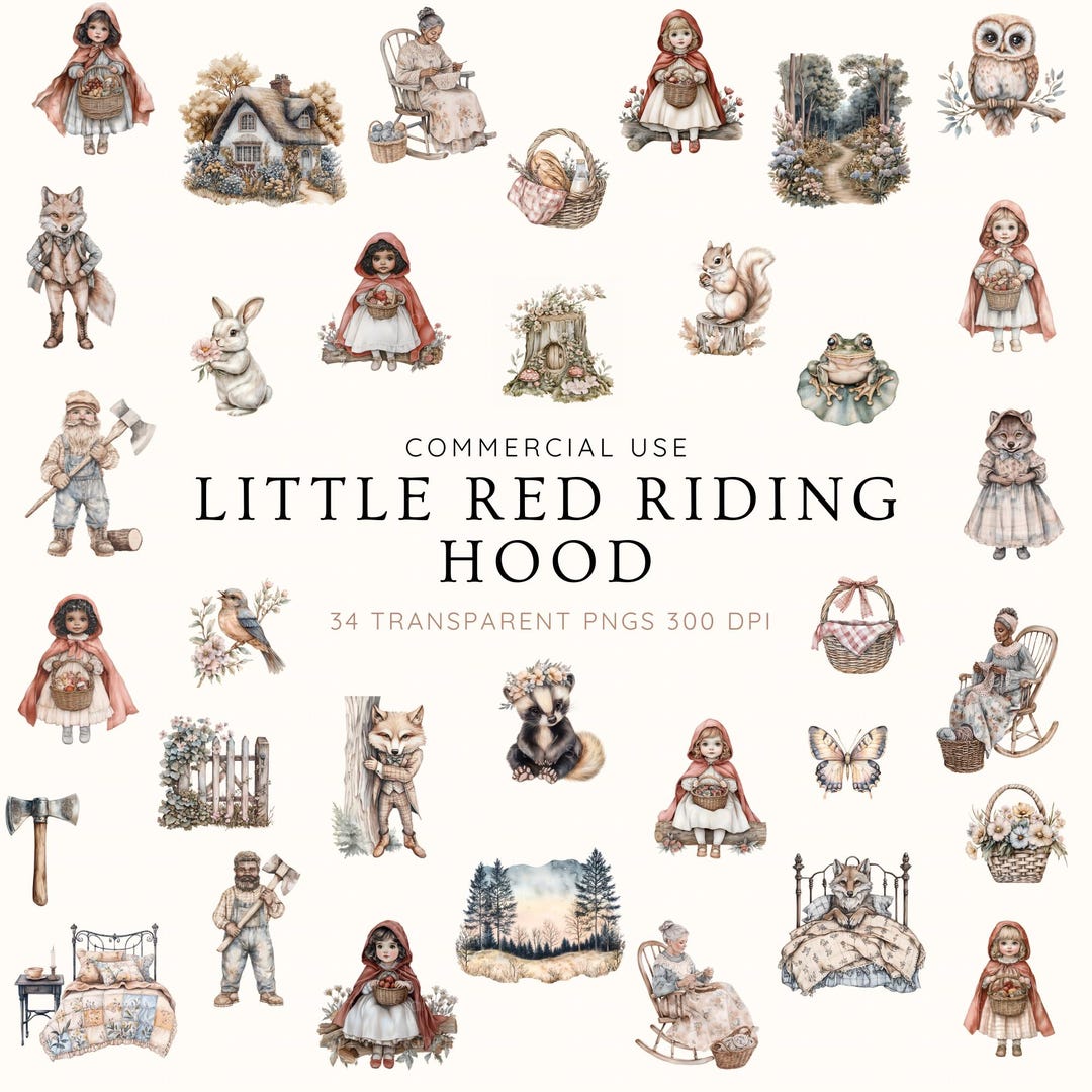 Little Red Riding Hood Clipart Bundle, Cute Forest Animals, Fairy Tale ...
