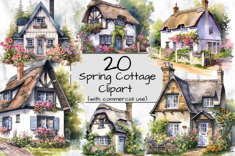 Watercolor Spring Cottage Clipart. Spring Clipart. PNG Format. - Etsy