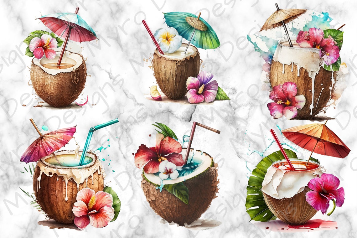 Watercolor Coconut Drinks Clipart. Digital Art & Sublimation. Tropical ...