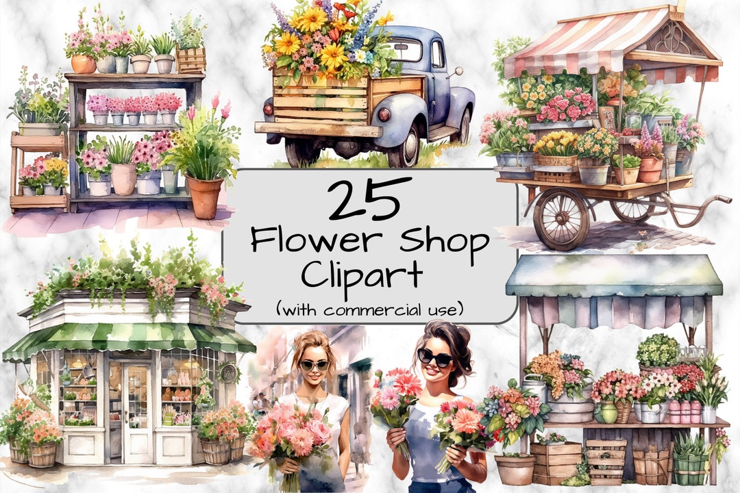 Watercolor Flower Shop Clipart. Flower Clipart. PNG Format. Transparent ...