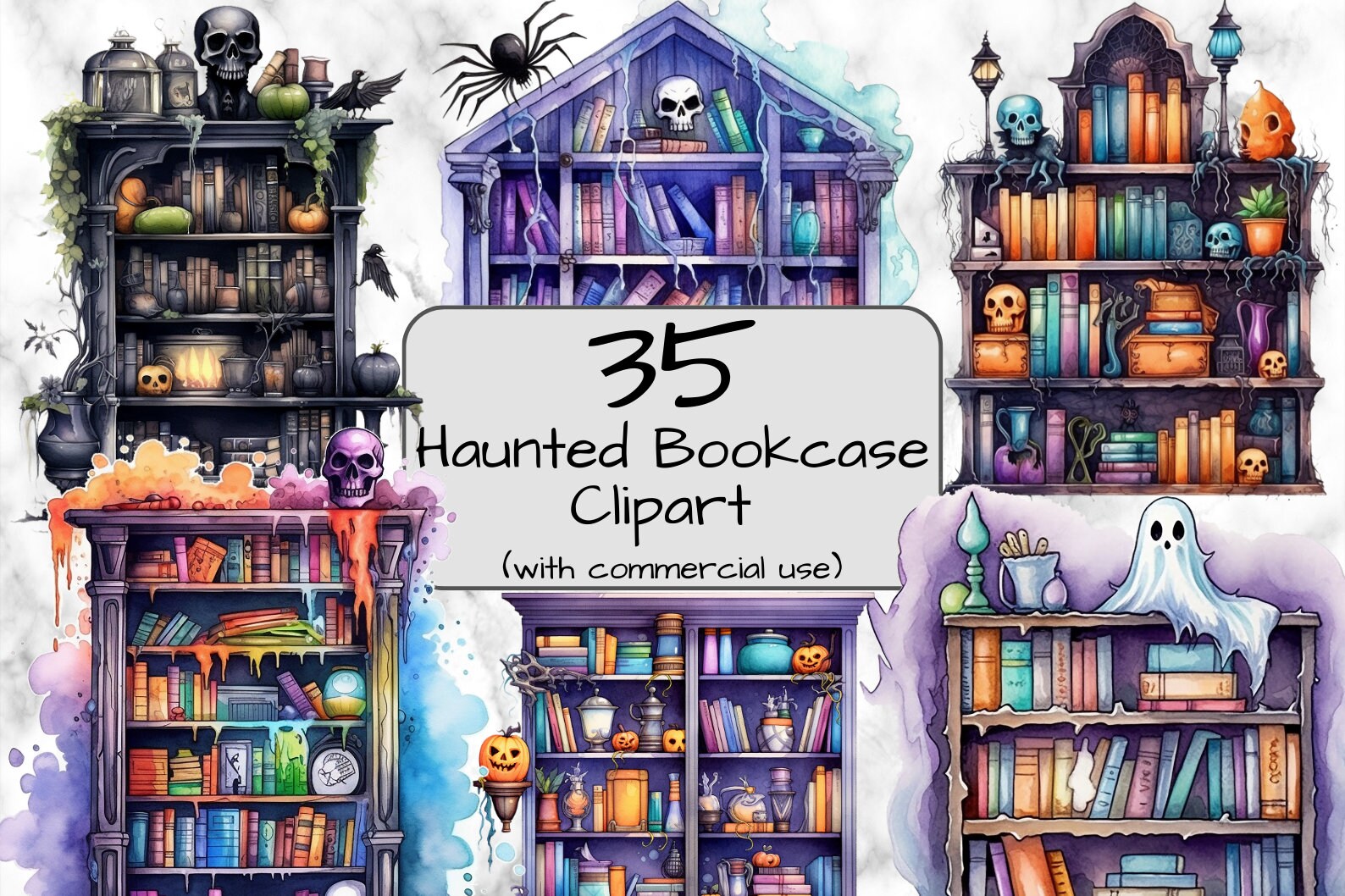 Watercolor Haunted Bookcase Clipart. Halloween Clipart. PNG - Etsy