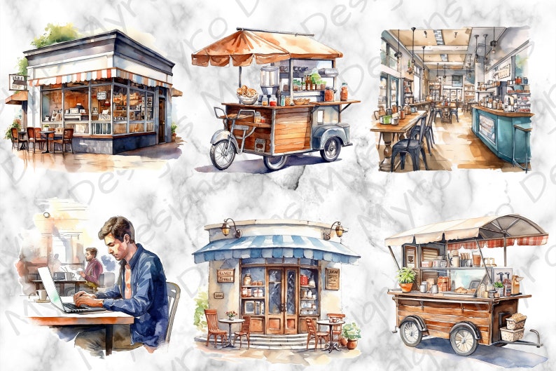 Watercolor Coffee Shop Clipart. PNG Format. Transparent - Etsy
