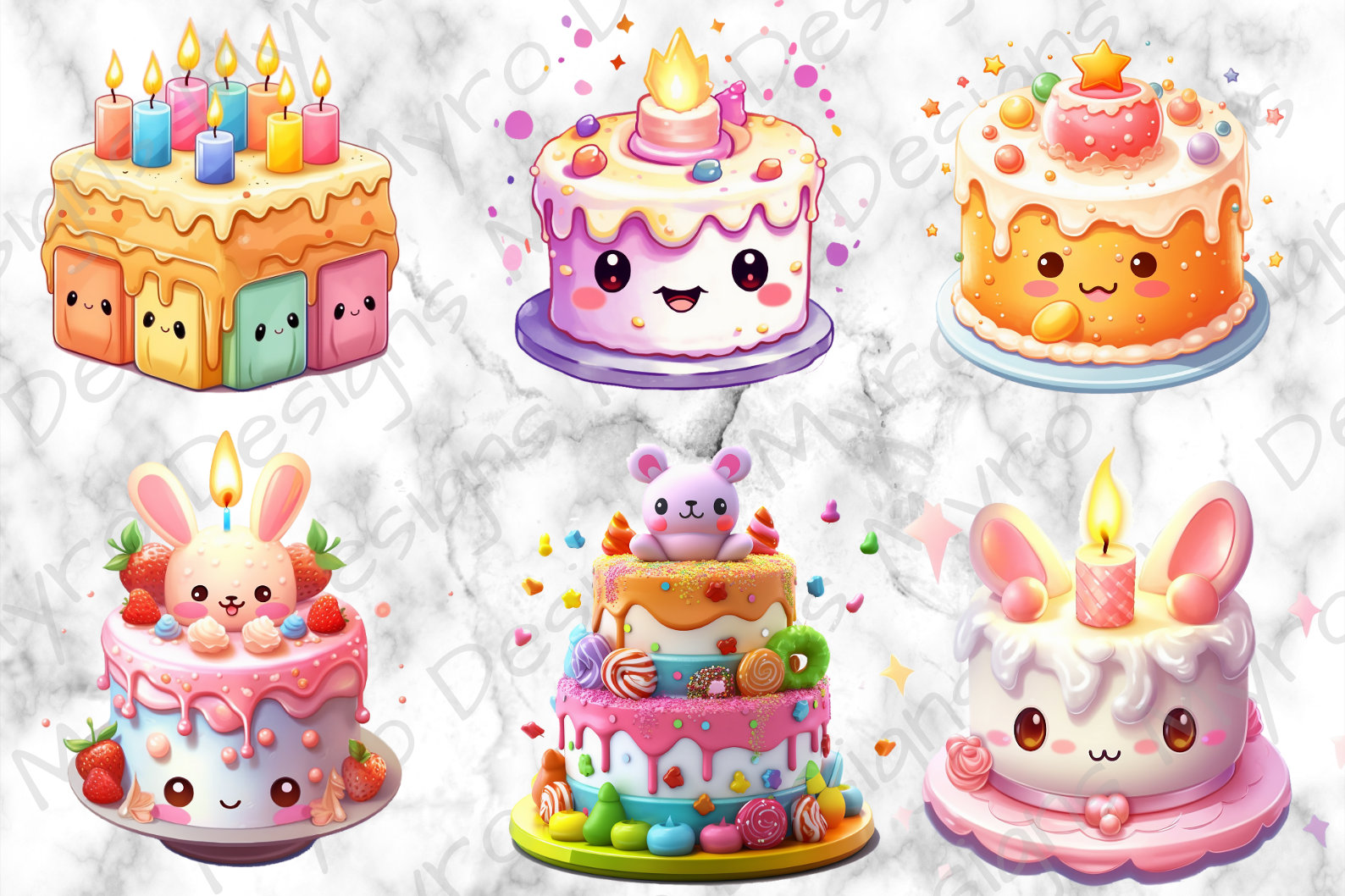 Kawaii Birthday Cakes Clipart Digital Art And Sublimation Png Etsy