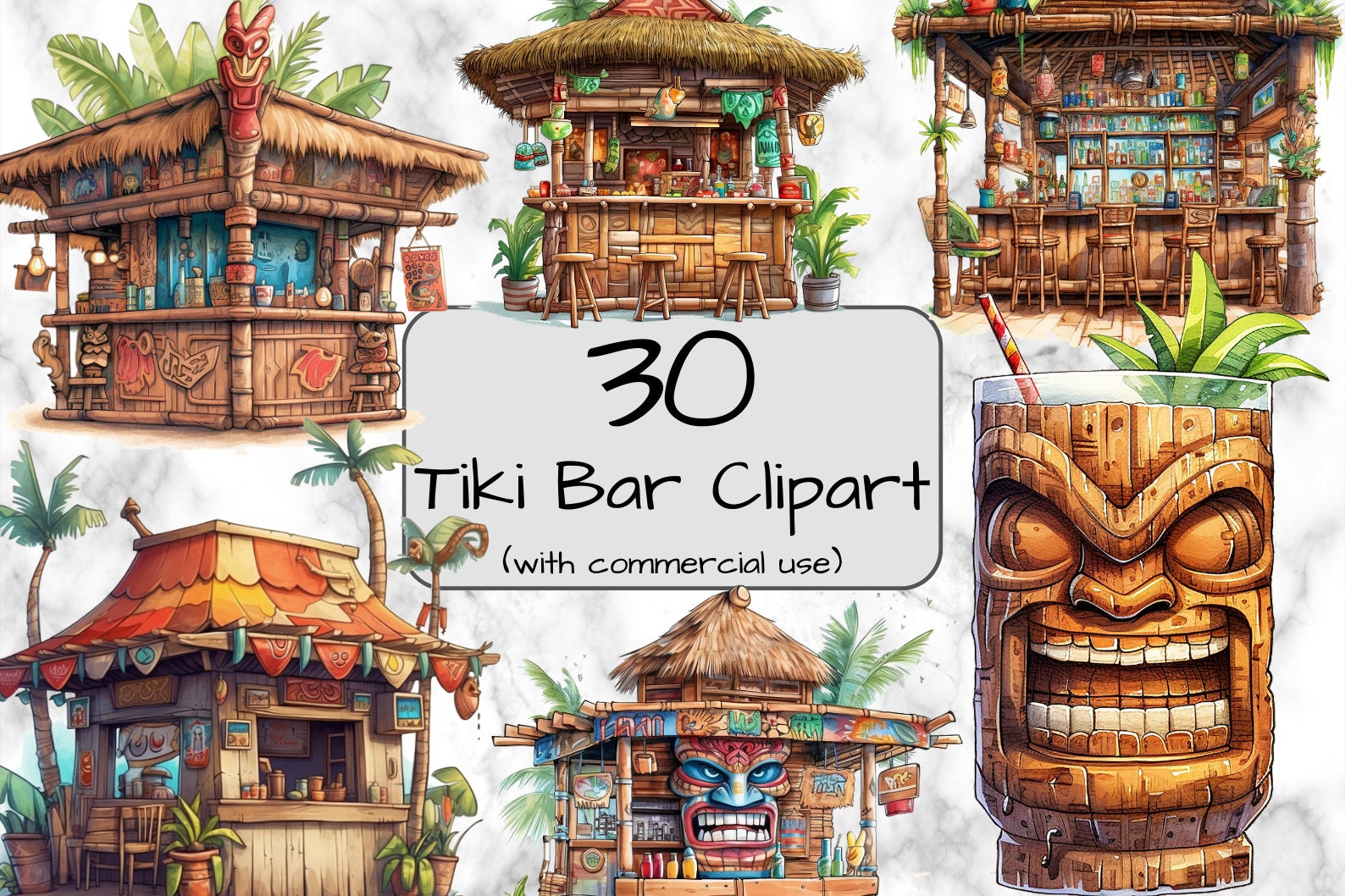 Watercolor Tiki Bar Clipart. Tropical Clipart. PNG Format. Transparent ...