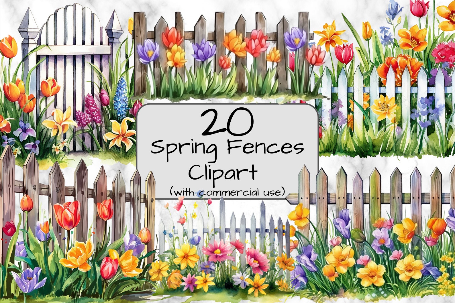 Watercolor Spring Fences Clipart. Garden Clipart. PNG Format ...