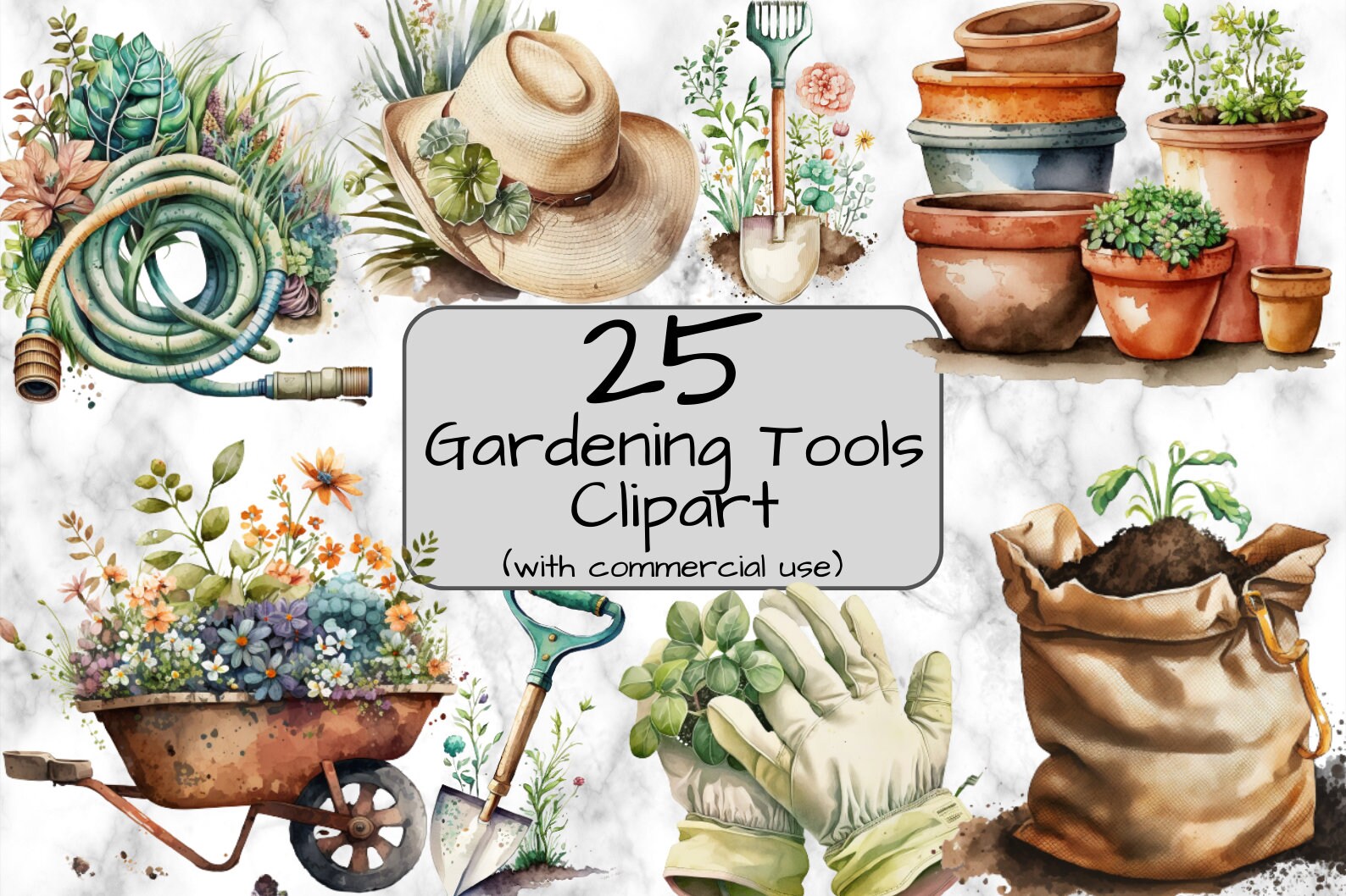 Watercolor Gardening Tools & Gardening Supplies. Spring Garden. Digital ...