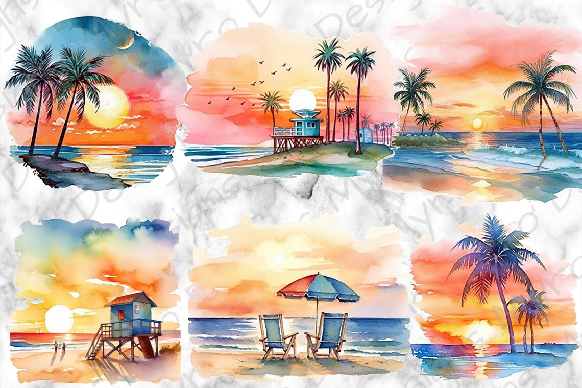 Watercolor Beach Sunset Clipart. PNG Format. Transparent - Etsy