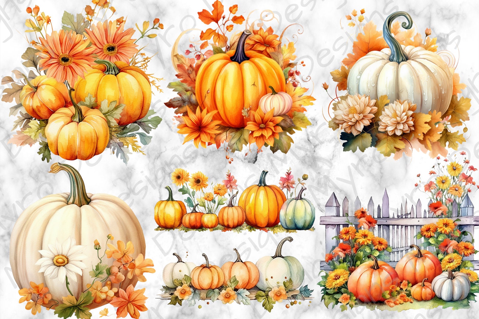 Watercolor Floral Pumpkins Clipart. Autumn Clipart. PNG - Etsy