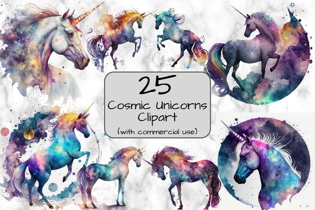 Watercolor Cosmic Unicorns Clipart. Digital Art & Sublimation. Fantasy ...