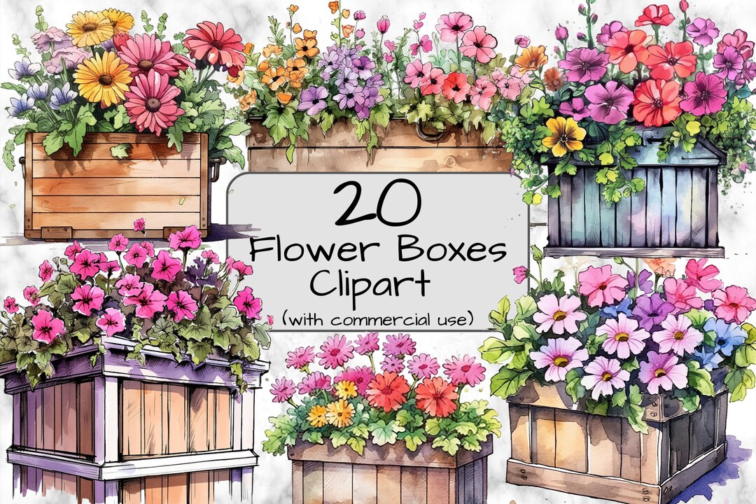 Watercolor Flower Boxes Clipart. Spring Clipart. PNG Format Transparent ...