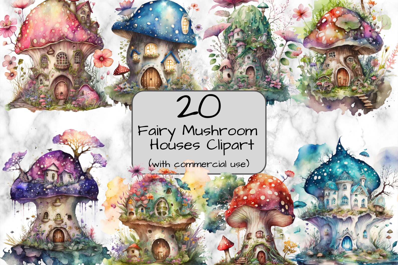 Fairy Mushroom Houses, Watercolor Digital Art & Sublimation, Magic ...