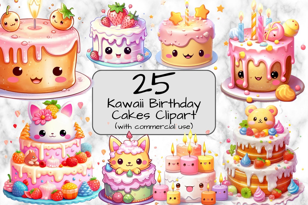 Kawaii Birthday Cakes Clipart. Digital Art & Sublimation. PNG Format ...