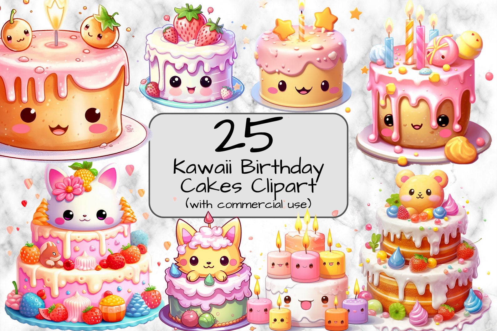 Kawaii Birthday Cakes Clipart. Digital Art & Sublimation. PNG - Etsy