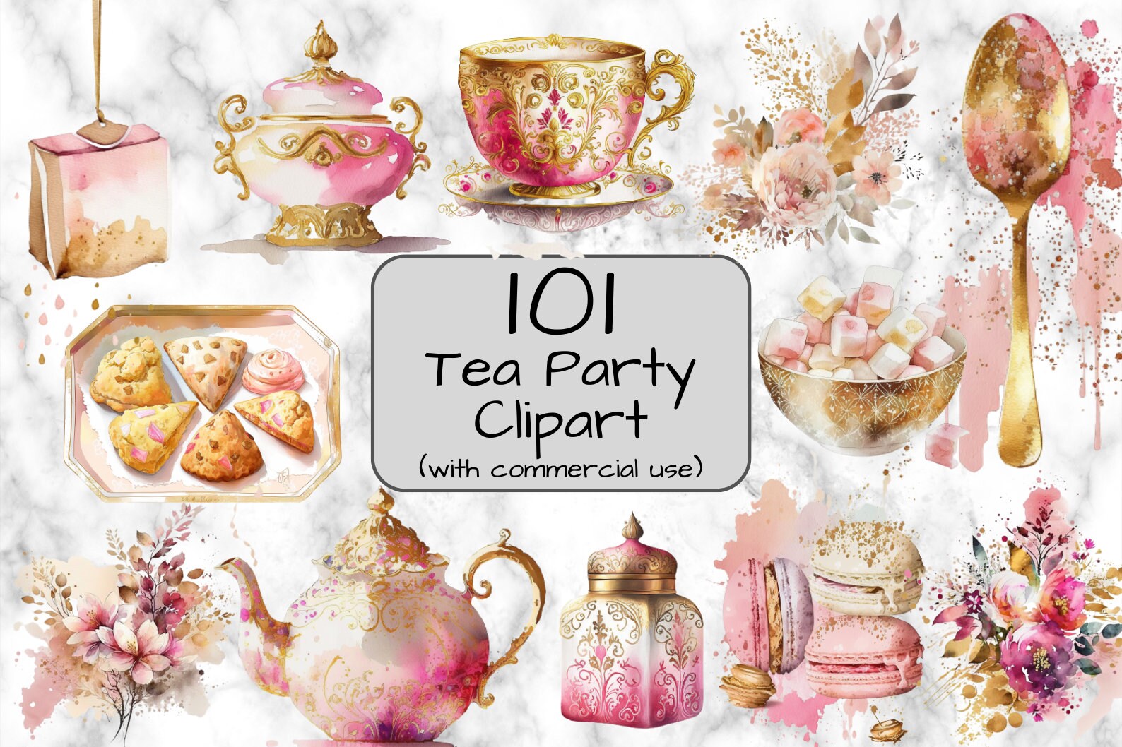 Watercolor Tea Party Clipart, Pink and Gold Tea Clipart, Digital Art ...