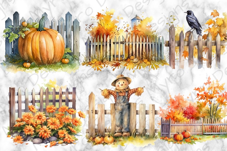 Watercolor Autumn Fence Clipart. Fall Clipart. PNG Format. - Etsy
