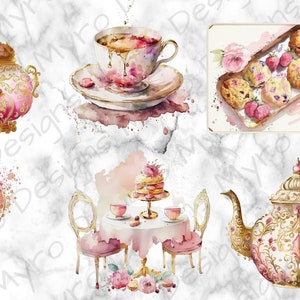 Watercolor Tea Party Clipart, Pink and Gold Tea Clipart, Digital Art ...