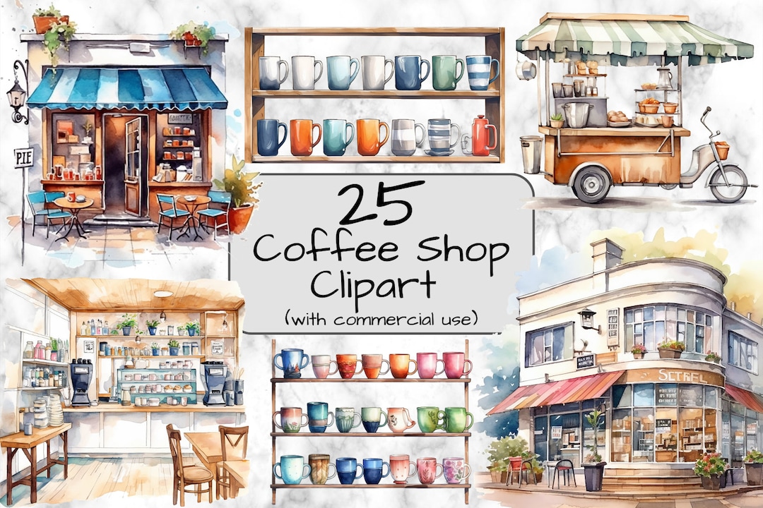 Watercolor Coffee Shop Clipart. PNG Format. Transparent Background ...