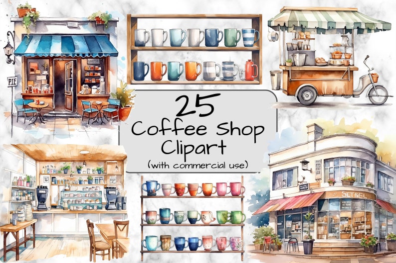 Watercolor Coffee Shop Clipart. PNG Format. Transparent - Etsy