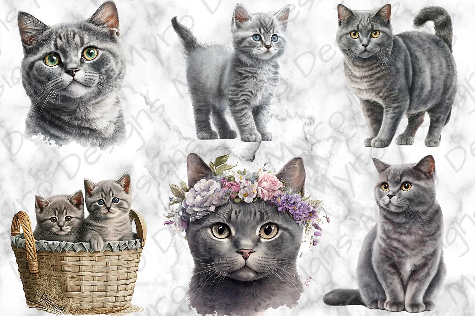 Watercolor Grey Cats Clipart. Digital Art & Sublimation. Cat Clip Art ...