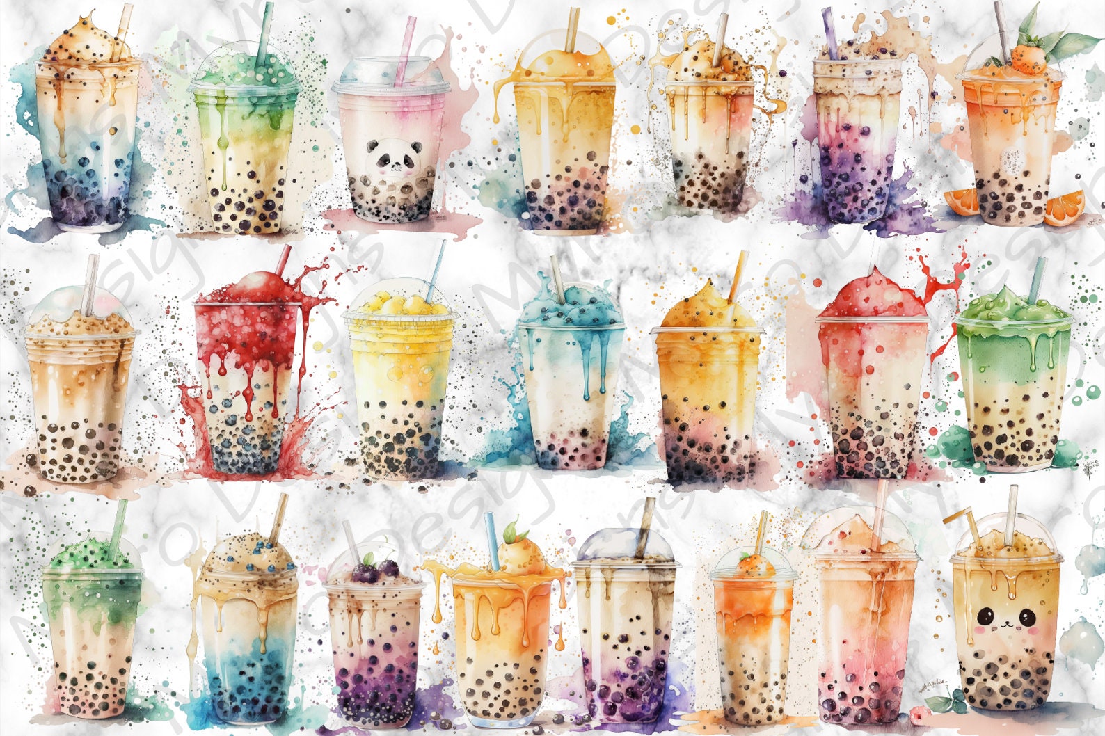 Watercolor Boba Tea Clipart Bubble Tea Clipart Kawaii Png - Etsy