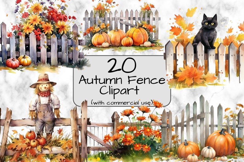 Watercolor Autumn Fence Clipart. Fall Clipart. PNG Format. - Etsy