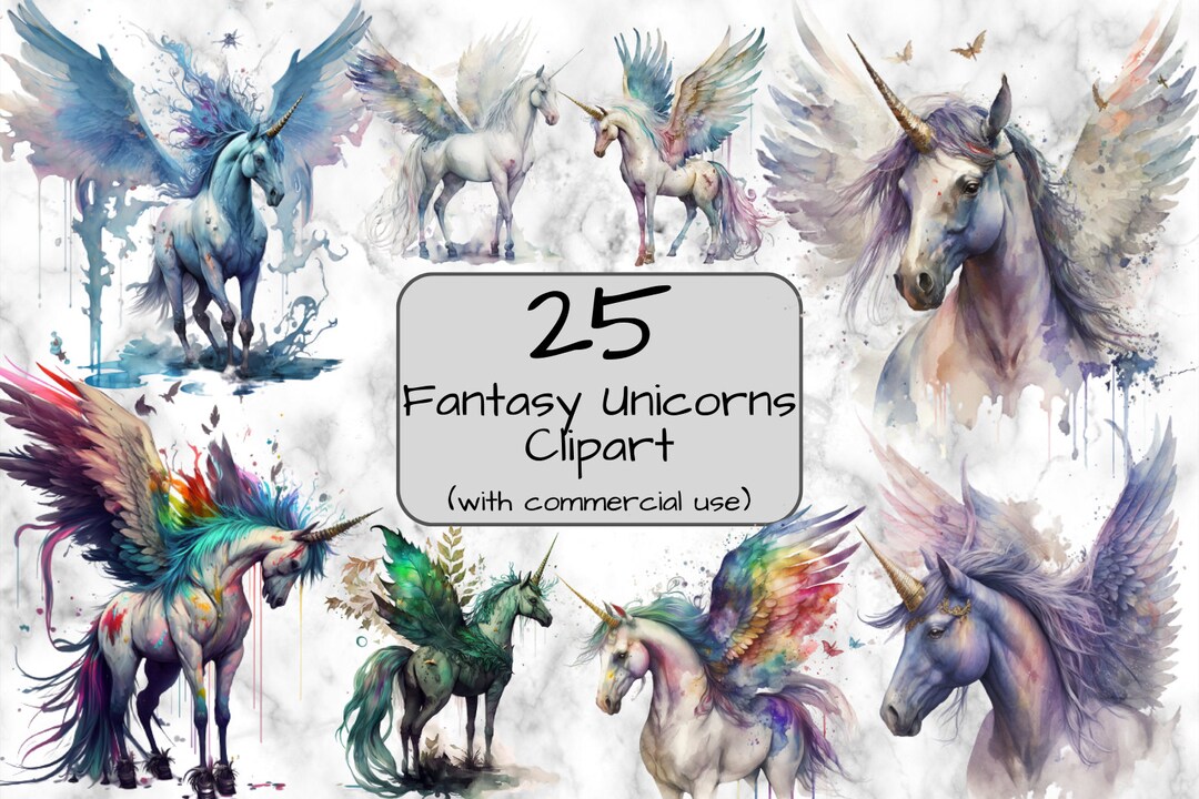 Watercolor Fantasy Unicorn Clipart, Digital Art & Sublimation, Pegasus ...