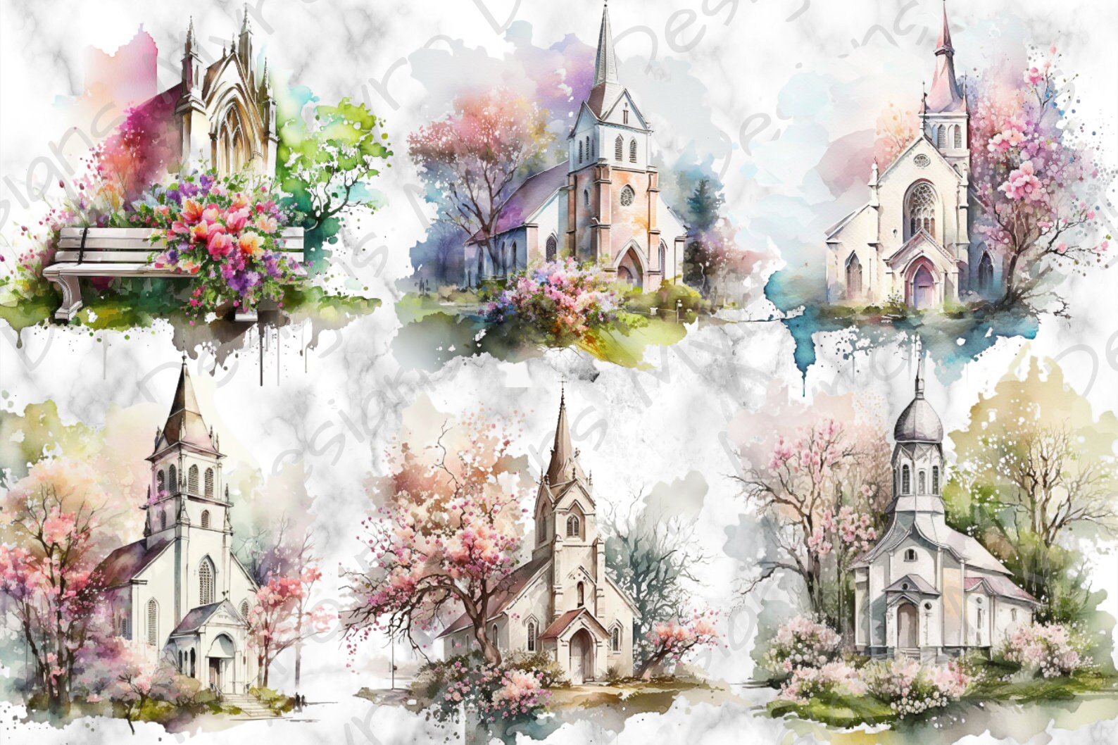 Watercolor Wedding Churches and Pews. Wedding Clipart. Digital - Etsy