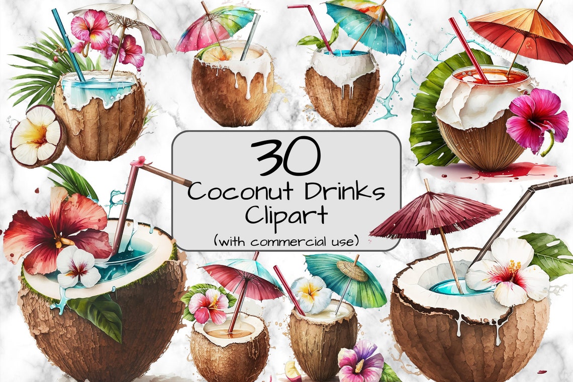 Watercolor Coconut Drinks Clipart. Digital Art & Sublimation. Tropical ...