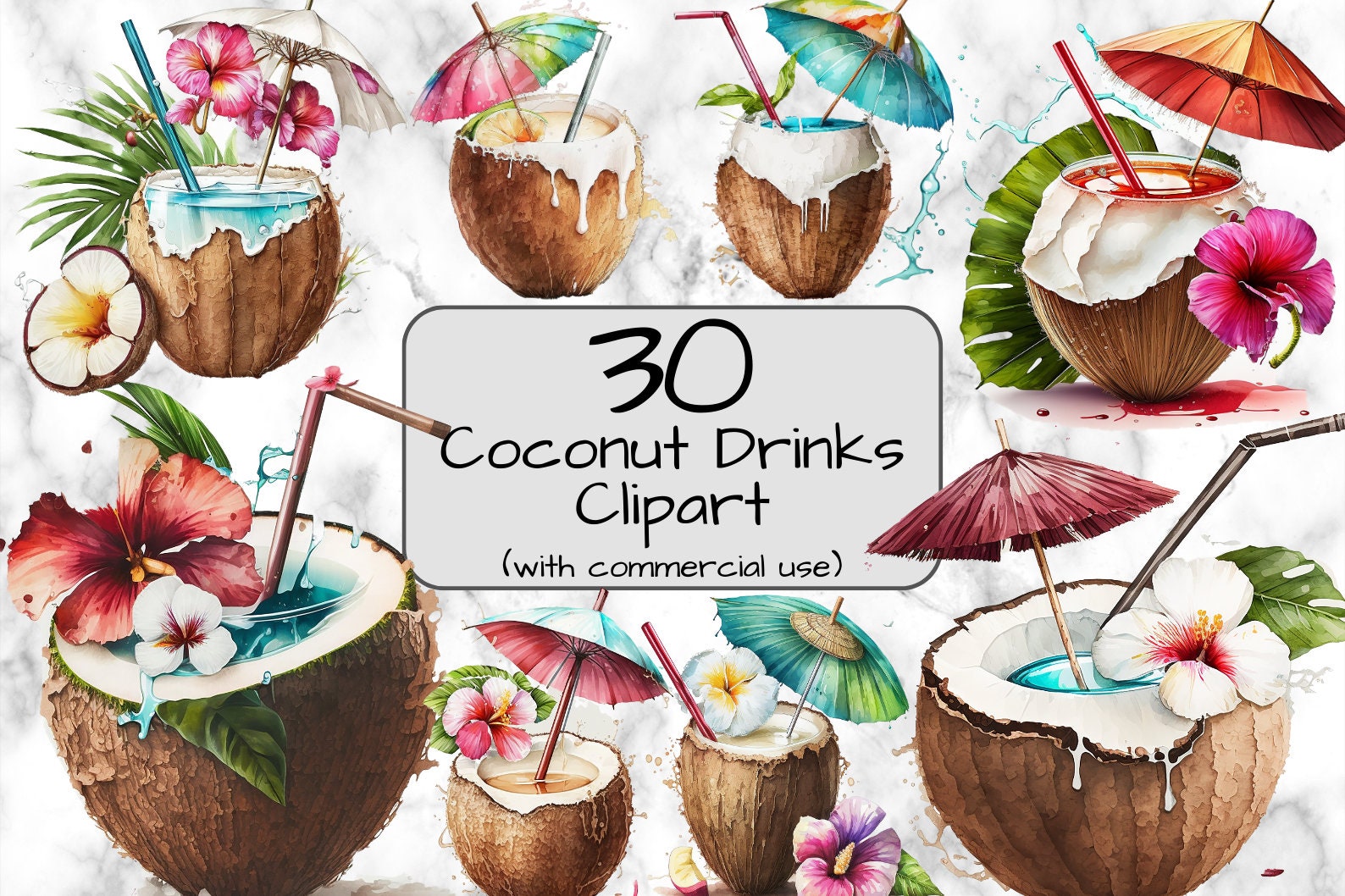 Watercolor Coconut Drinks Clipart. Digital Art & Sublimation. Tropical ...