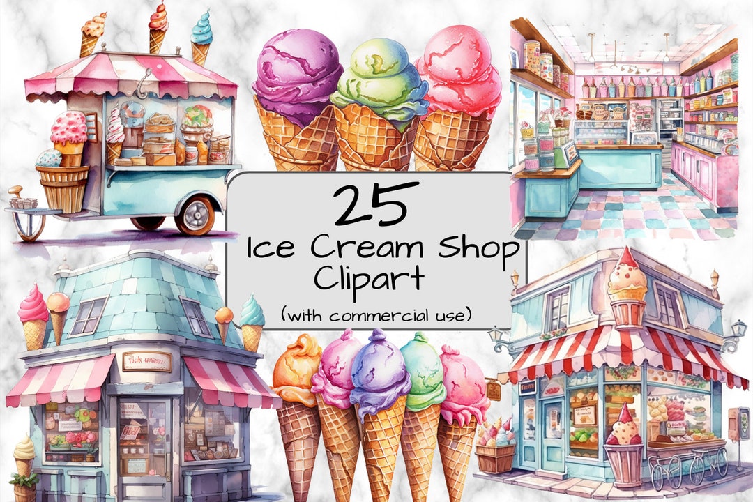 Watercolor Ice Cream Shop Clipart. Summer Clipart. PNG Format. - Etsy