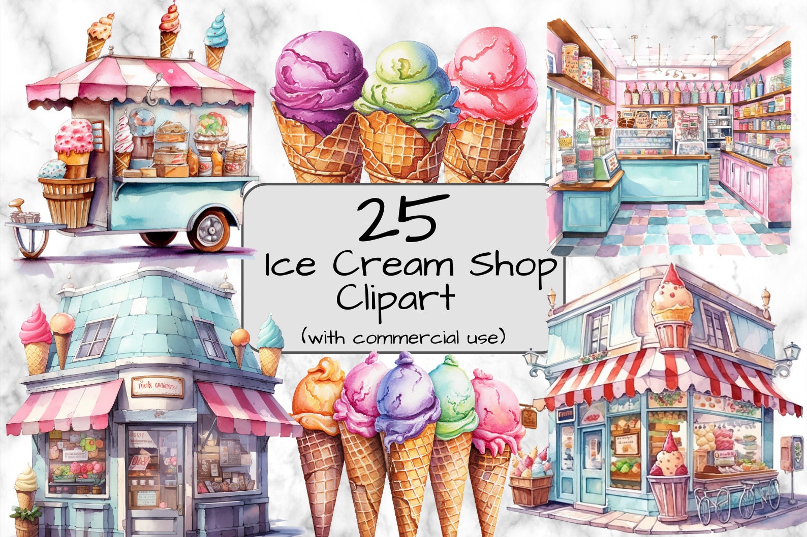 Watercolor Ice Cream Shop Clipart. Summer Clipart. PNG Format. - Etsy