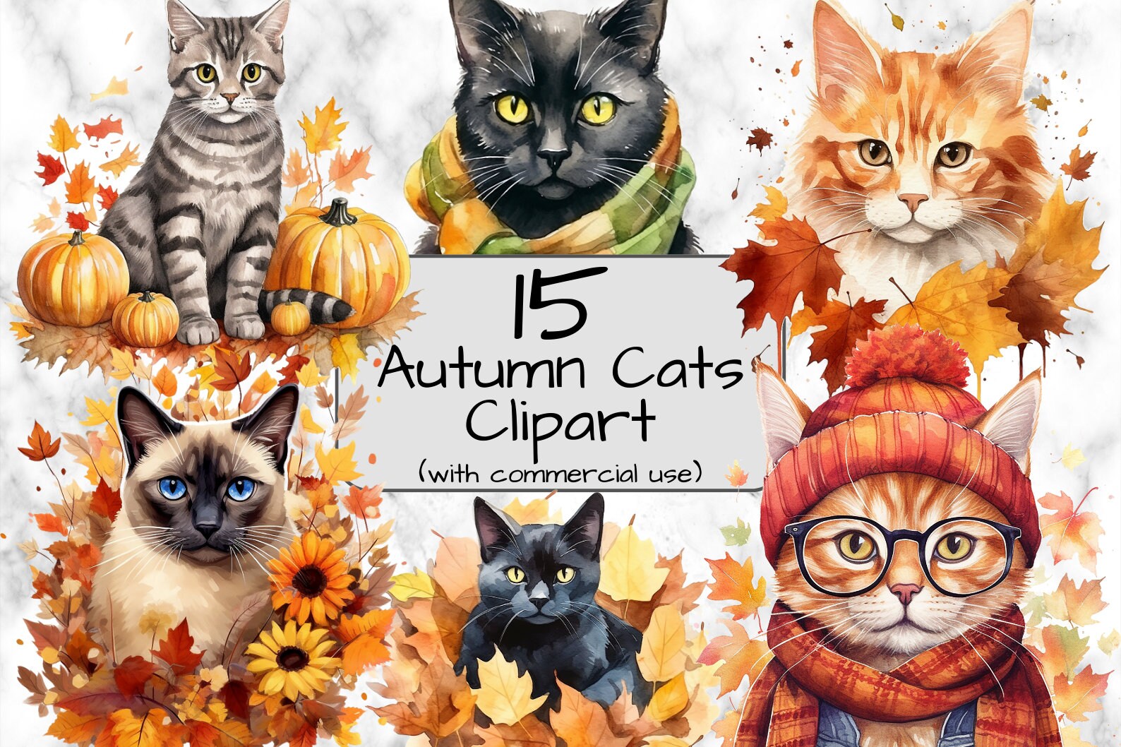 Watercolor Autumn Cats Clipart. Autumn Clipart. PNG Format. Transparent ...