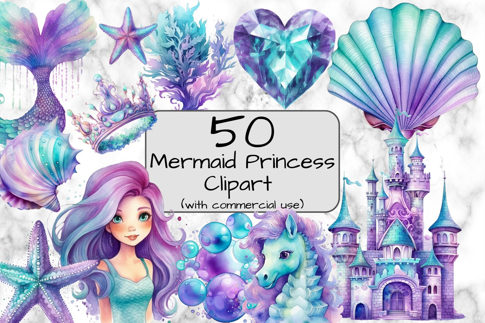 Watercolor Mermaid Princess Clipart. Pastel Clipart. PNG Format ...