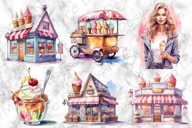 Watercolor Ice Cream Shop Clipart. Summer Clipart. PNG Format. - Etsy