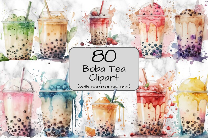 Watercolor Boba Tea Clipart Bubble Tea Clipart Kawaii Png - Etsy