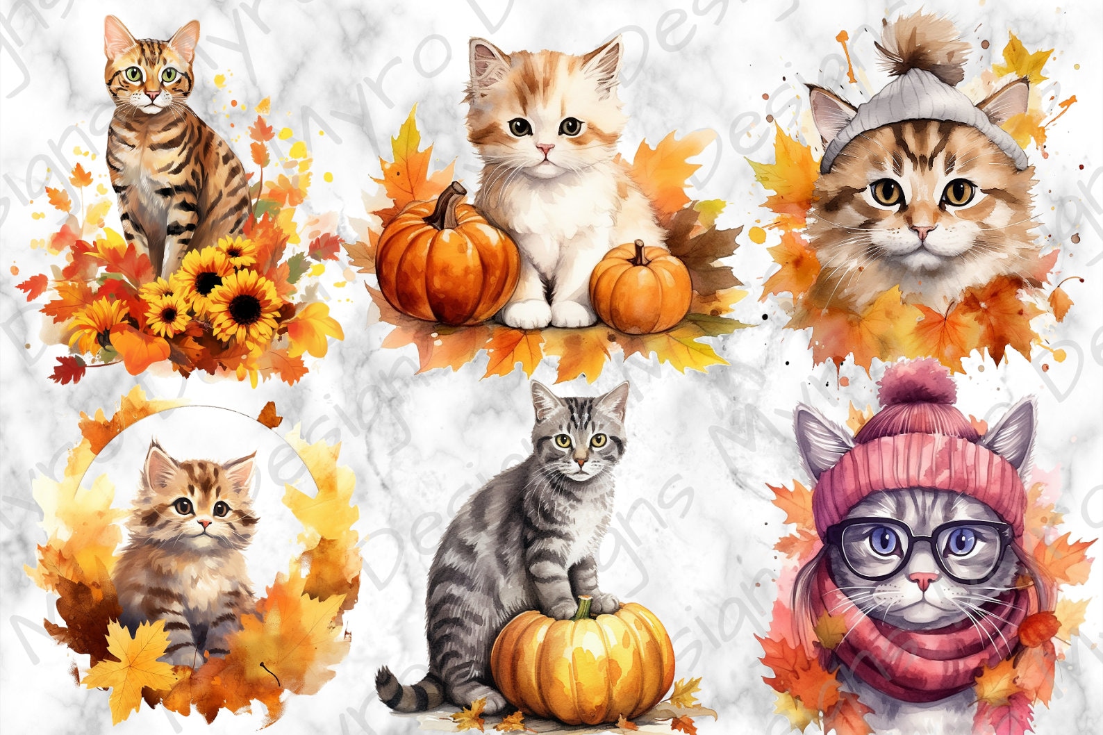 Watercolor Autumn Cats Clipart. Autumn Clipart. PNG Format. Transparent ...