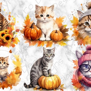 Watercolor Autumn Cats Clipart. Autumn Clipart. PNG Format. Transparent ...