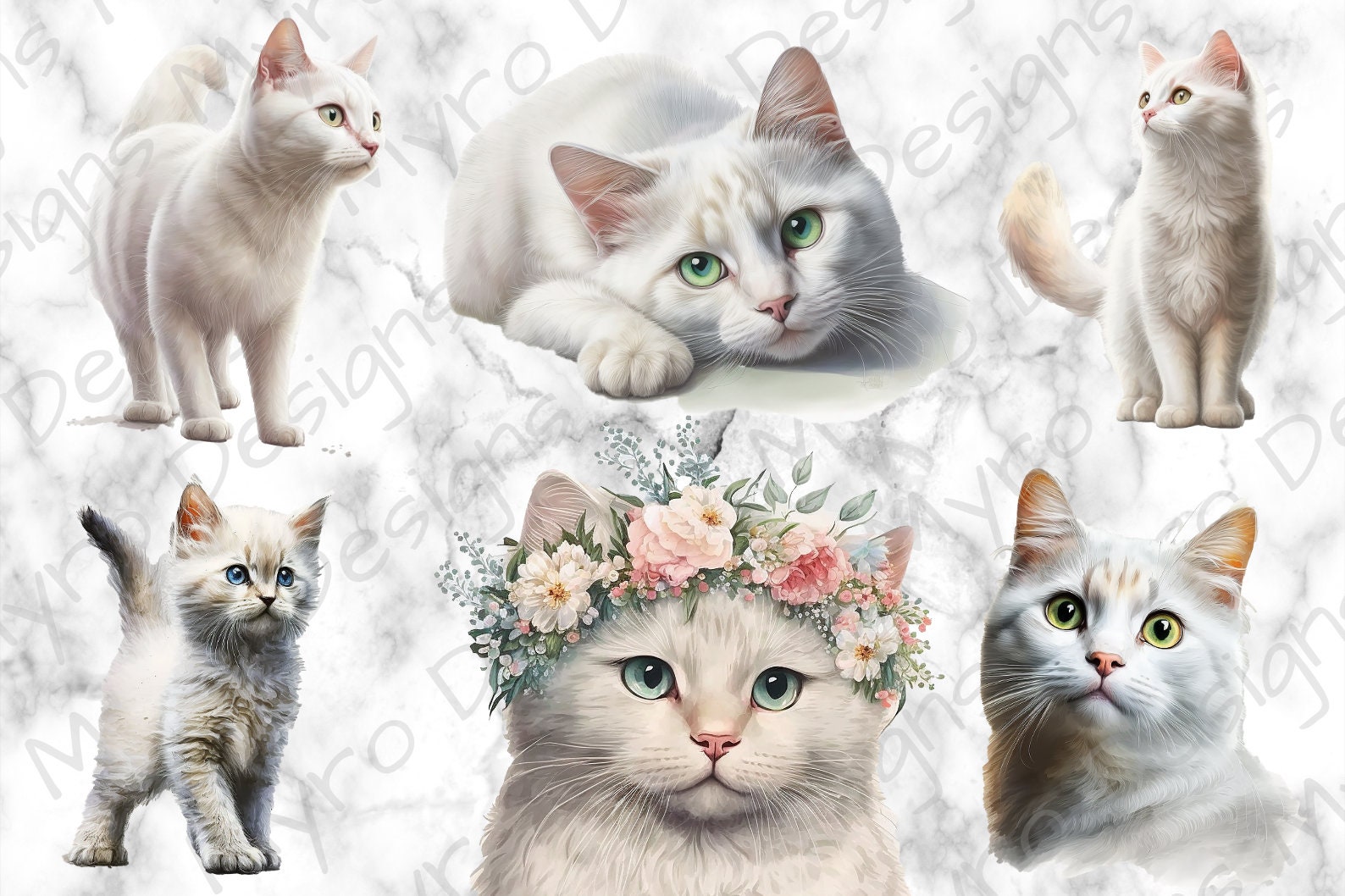 Watercolor White Cats Clipart. Digital Art & Sublimation. Cat Clip Art ...