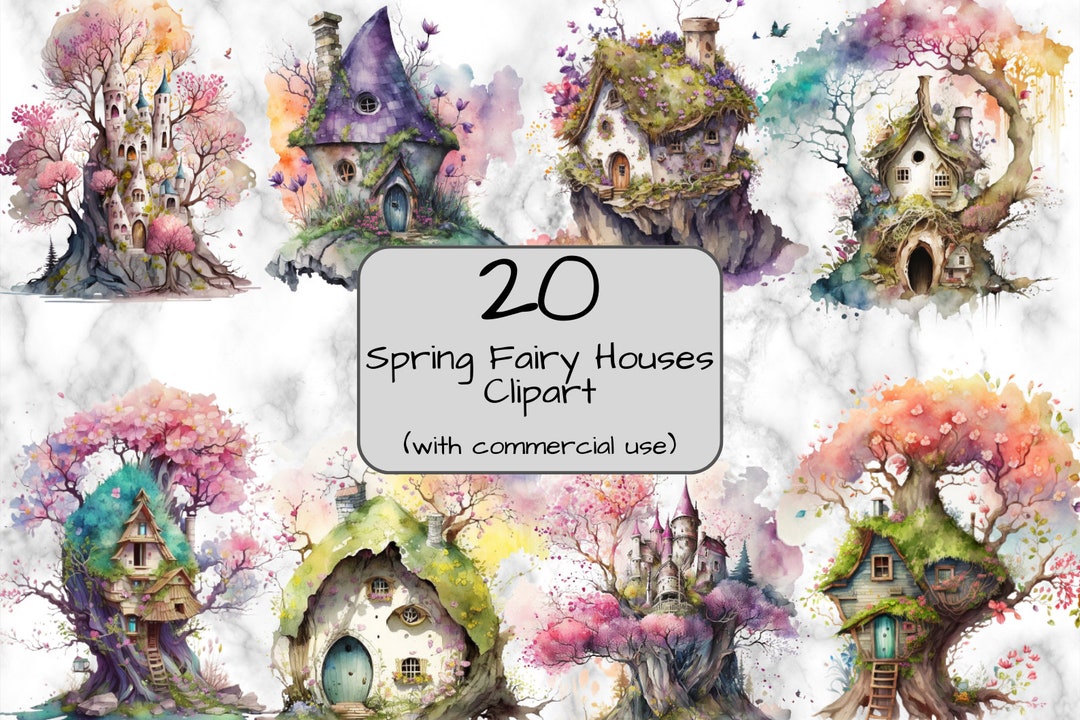 Spring Fairy House, Watercolor Digital Art & Sublimation. Magic Cottage ...