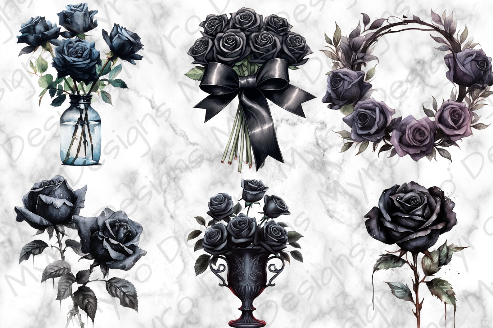 Watercolor Black Roses Clipart. Dark Roses Clipart. PNG Format ...